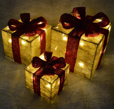Set of 3 Light Up Light up Gift Boxes / Presents with Red Bows ...