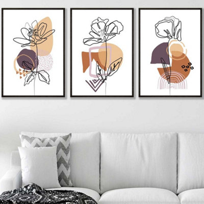 Set of 3 Line Art Flowers on Purple Orange Boho Shapes Wall Art Prints ...