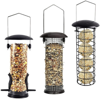 Set of 3 Metal Bird Feeders Easy Fill Hanging Nut & Seed Feeders for ...