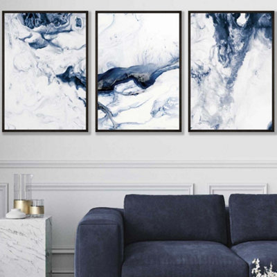 Set of 3 Navy Blue Abstract Ocean Waves Wall Art Prints / 50x70cm ...