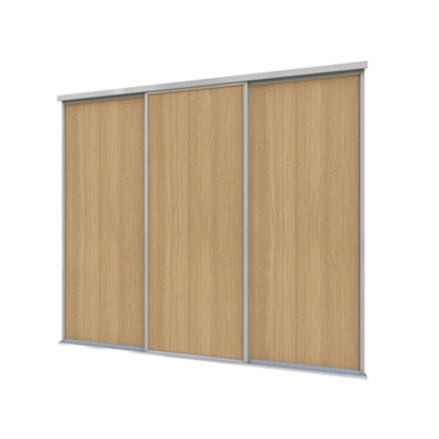 Set of 3 Oak Sliding Wardrobe Door Kit in Silver Frame & Tracks, Opening Height (H) 225-226cm ...