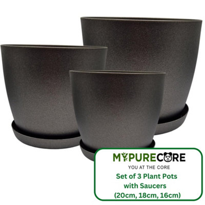 Set of 3 Plant Pots Indoor with Saucers - Matte Plastic Flower Pots ...