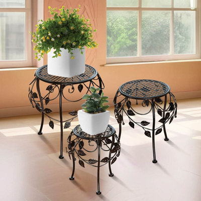 Set of 3 Plant Stands with Scrolled-Leaf Design, Weather-Resistant ...