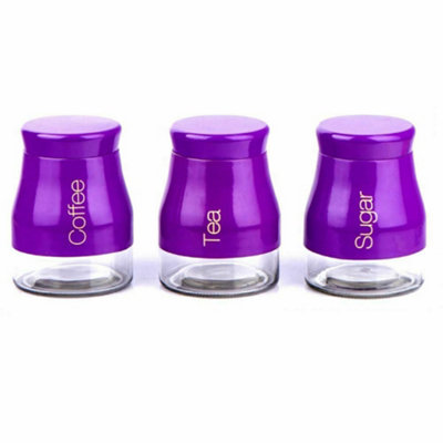 Set Of 3 Purple Storage Canisters Tea Coffee Sugar Jars Pots Food ...