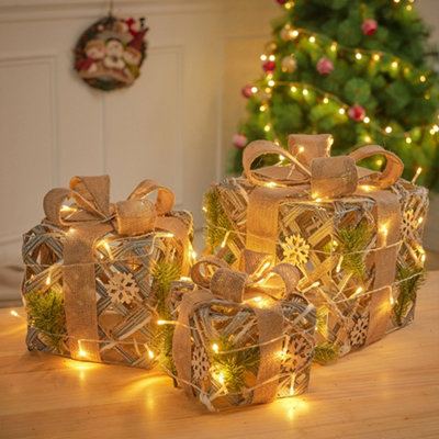 Set of 3 Rattan LED Light Up Christmas Gift Box Glitter Party Xmas Tree ...