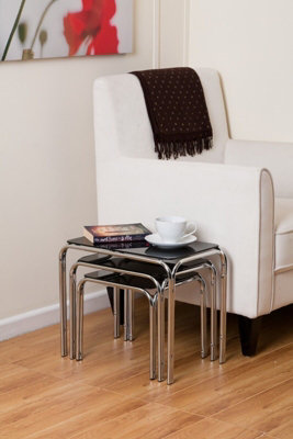 Set Of 3 Rectangle Nesting Tables with Black Glass Chromed Silver Legs