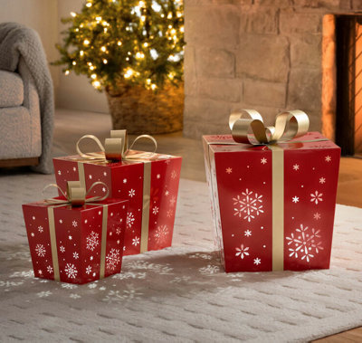 Set of 3 Red Metal Gift Boxes with LED Tree Pattern, Nesting Sizes ...