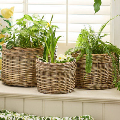 Set of 3 Round Wicker Indoor Planter Outdoor Garden Planters