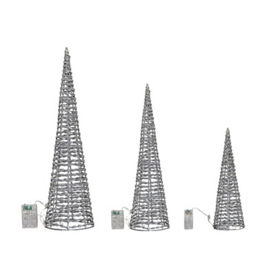 Set of 3 Silver Glitter Twist Christmas Cone Trees with 90 Cool White LEDs