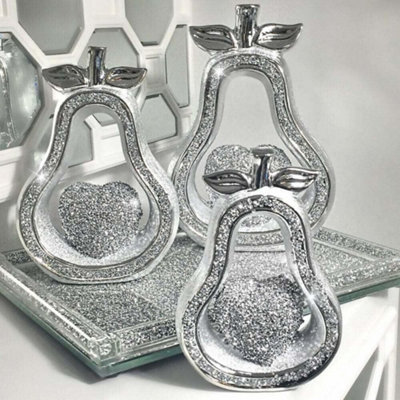 Set Of 3 Silver Pears Sparkle Bling Ornament Crushed Diamond