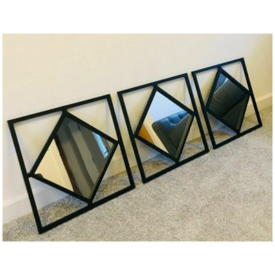 Set Of 3 Square Diamond Shape Frame Black Wall Art Mirror Modern ...