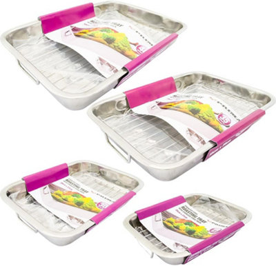 Set Of 3 Stainless Steel Roasting Tray Oven Pan Dish Baking Roaster ...