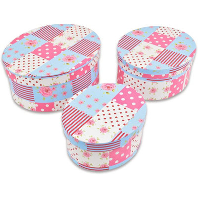 Set of 3 Storage Boxes - Pink & Blue Floral Patchwork Design Oval ...