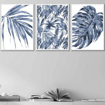 Set of 3 Tropical Plants and Pattern Navy Blue Abstract Wall Art Prints ...