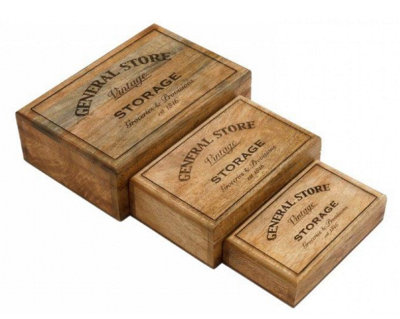 Set of 3 Vintage General Store Mango Wood Decorative Storage Boxes
