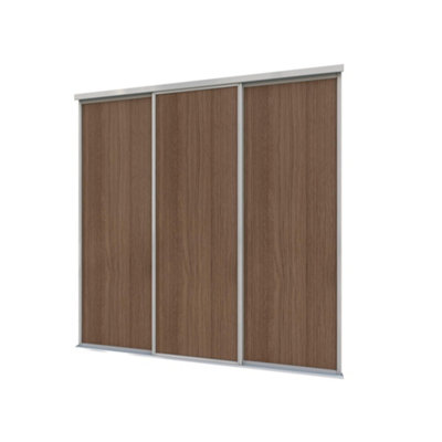 Set of 3 Walnut Sliding Wardrobe Door Kit in Silver Frame & Tracks ...