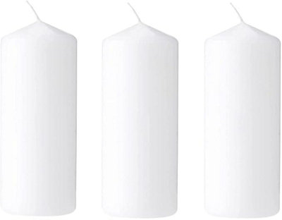 Set of 3 White 14cm Pillar Candles Long Burn Time Ivory Tall Church ...