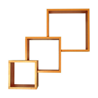Set of 3 Wooden Wall Rack Shelves, Connected Cube Floating Design with ...
