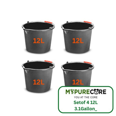 Set of 4 12L Gallon Black Plastic Bucket with Handles -Sturdy Water ...