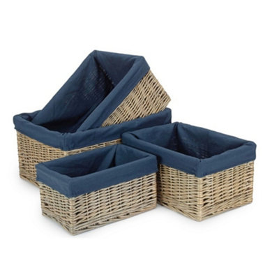 Set of 4 Antique Wash Navy Cotton Lined Willow Storage Baskets