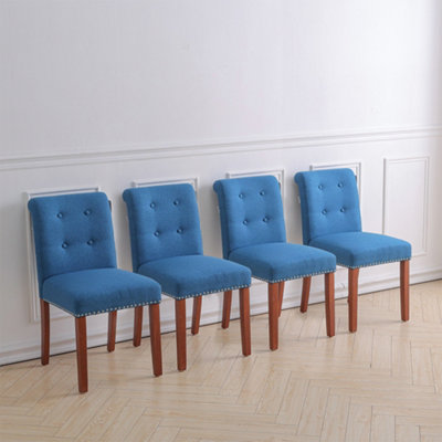 Set of 4 Blue Linen Padded Dining Chair Set High Back Kitchen Chair ...