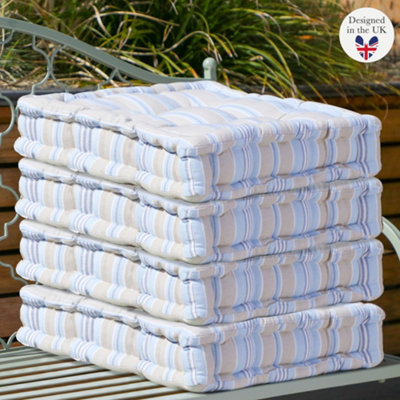 Set of 4 Blue Striped Outdoor Summer Garden Chair Box Seat Pad Cushions ...