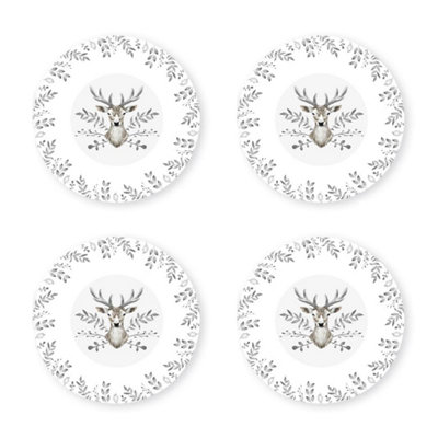 SET OF 4 BOWLS CHRISTMAS WHITE AND GREY STAG DESIGN PORCELAIN FESTIVE ...