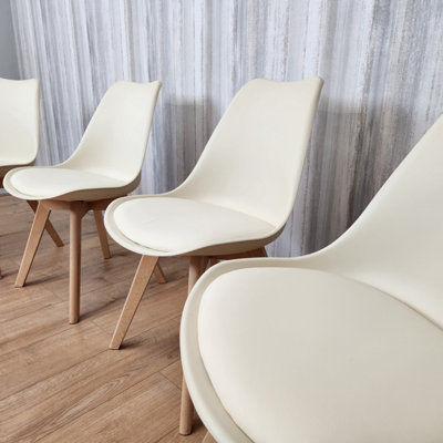 Set of 4 Cream Dining Chairs PU Leather with Soft Padded Seat for ...