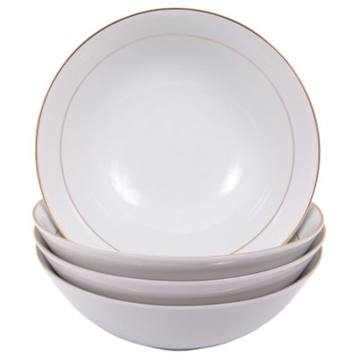 Set of 4 Durable White Ceramic Dinner Bowls with Dual Shiny Gold Plated ...