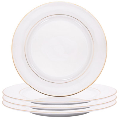 Set of 4 Durable White Ceramic Dinner Plates with Dual Shiny Gold ...