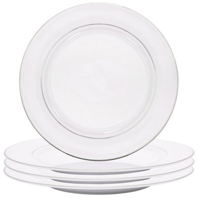Set of 4 Durable White Ceramic Dinner Plates with Dual Silver Metallic ...