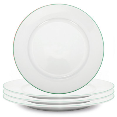 Set of 4 Durable White Ceramic Dinner Plates with Elegant Green Rim