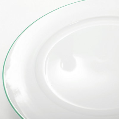 Set of 4 Durable White Ceramic Dinner Plates with Elegant Green Rim