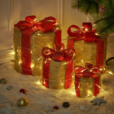 Set of 4 Gold-colored Burlap Round Christmas Decorative Gift Boxes