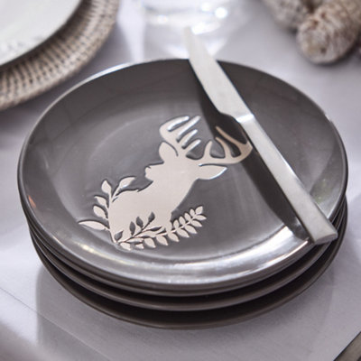 Set of 4 Grey Stag Head Christmas Dinner Plate Side Plates