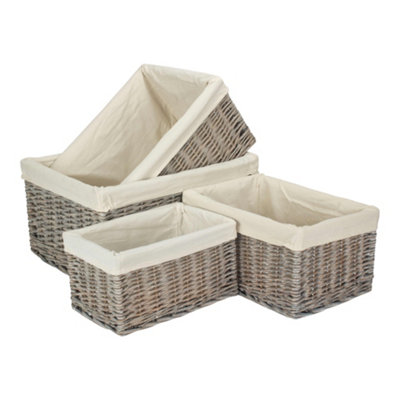 Set of 4 Grey Wash White Cotton Lined Willow Storage Baskets
