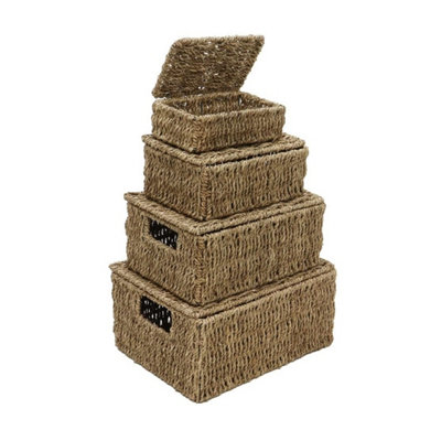 Shop Set of 4 Hand-Woven Rectangular Seagrass Lidded Storage Baskets