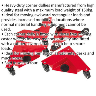 Set of 4 Heavy Duty Corner Dollies for Easy Transport - 150kg Capacity ...