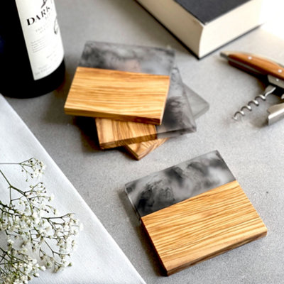 Set of 4 Italian Olive Wood and Smokey Resin Drinks Coasters