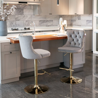 Set of 4 Luxury Grey & Gold Velvet Swivel Bar stools
