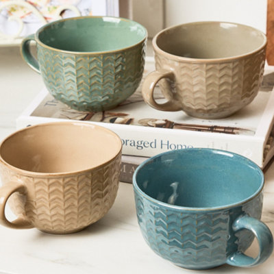 Set of 4 Mix Match Large Stoneware Cups Coffee Mugs
