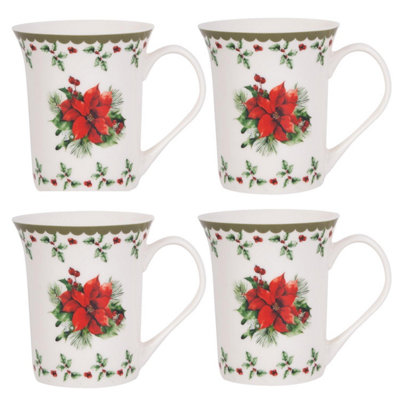 Set Of 4 Mugs Holly Range Porcelain Festive Christmas Dinner Tea Coffee ...