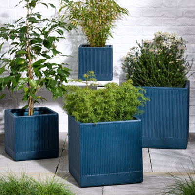 Set of 4 Navy Blue Ribbed Finish Fibre Clay Indoor Outdoor Garden Plant ...