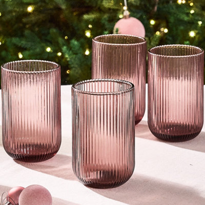 Set of 4 Pink Ribbed Tall Tumbler Whisky Glasses Wedding Decorations ...