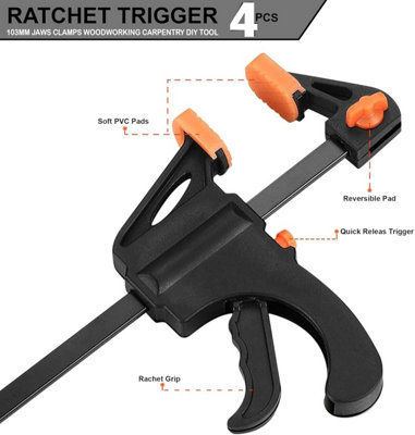 Set of 4 Ratchet Trigger Speed G Clamps 103mm Jaws Quick Release Heavy ...