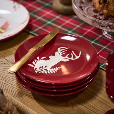 Set of 4 Red Christmas Crockery Stag Side Plates Ceramic Reindeer ...
