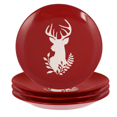 Set of 4 Red Christmas Crockery Stag Side Plates Ceramic Reindeer ...