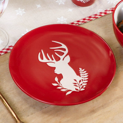 Set of 4 Red Christmas Crockery Stag Side Plates Ceramic Reindeer ...