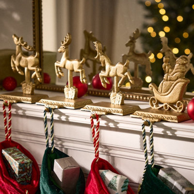 Set of 4 Santa's Sleigh Gold Decorative Stocking Hook Fireplace ...