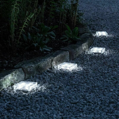 Set Of 4 Solar Glass Paving Stones Led Pathway Lights White Wide